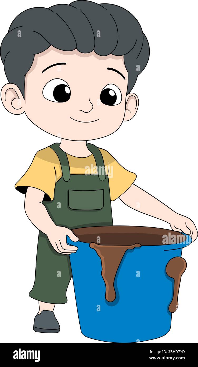 Adorable cartoon illustration of a smiling boy holding a large blue ...