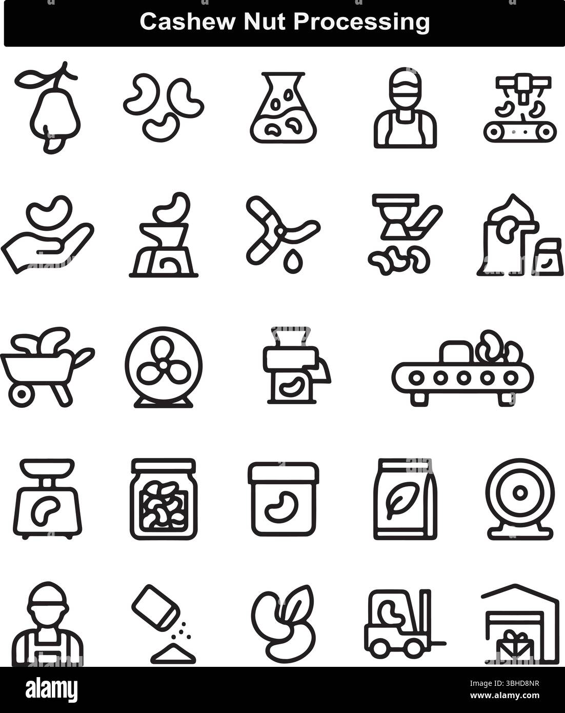 Cashew Nut Processing Icons – Editable Vector Symbols for Nut Industry ...