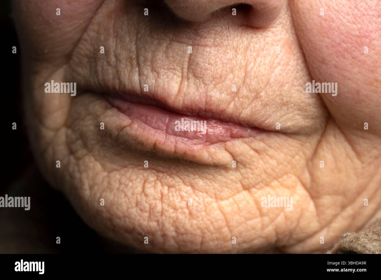 Lips and chin with wrinkles close-up, the face of an elderly woman of ...