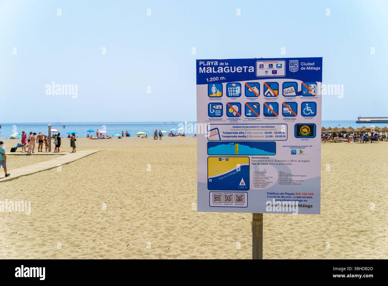 Malaga, Andalusia, Spain - 08 June 2025: Sign at Playa de la Malagueta ...