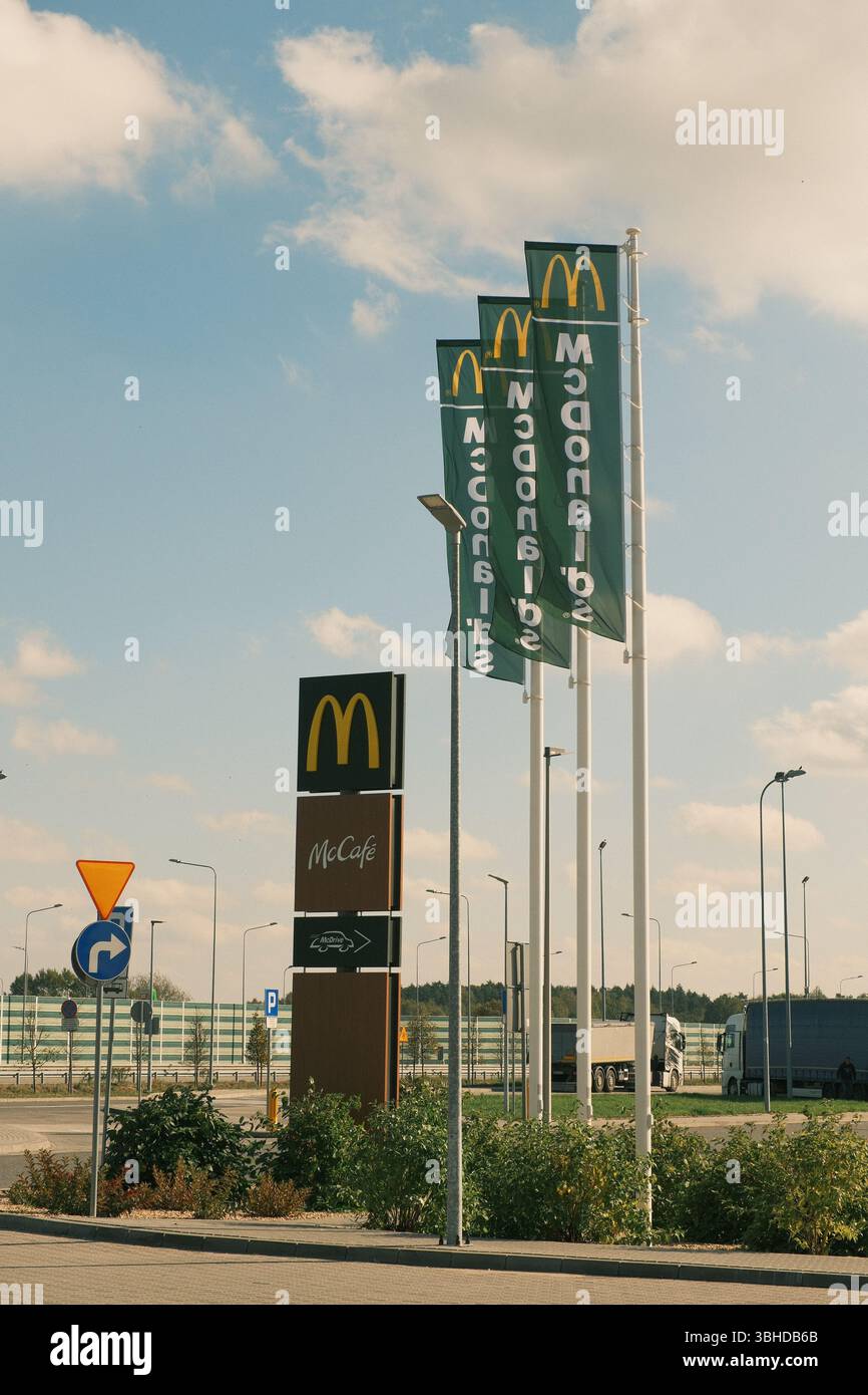Roadside McDonald’s location with green McCafé flags and drive-thru ...