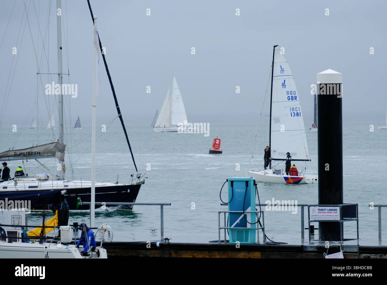 07 JUN 2025 - Cowes, Isle of Wight - Race boats and yachts at the end ...
