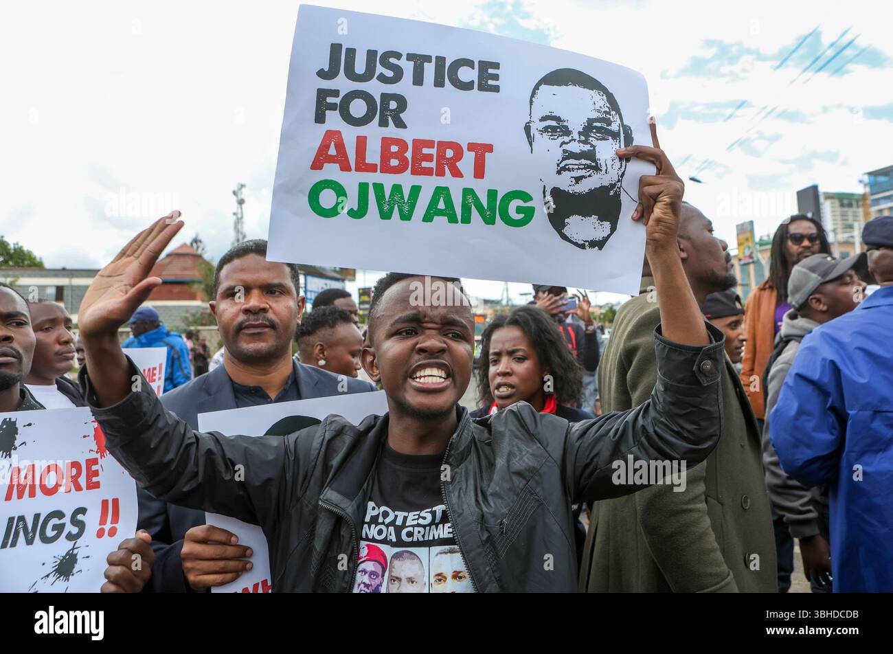 Demonstrators react to the death of Kenyan blogger Albert Ojwang, who ...