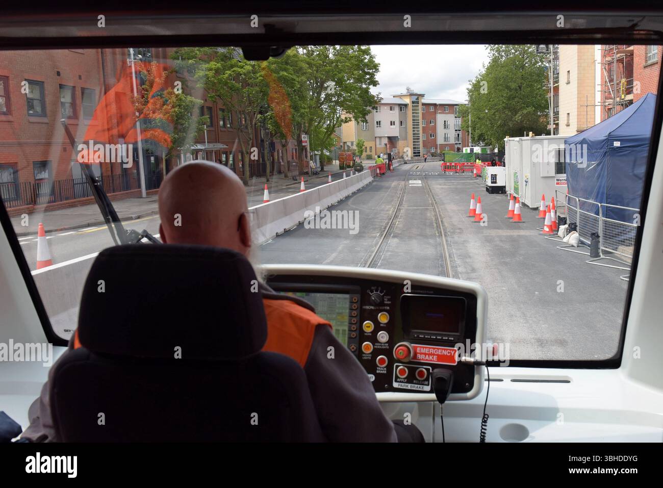 Train driver operating the Coventry VLR Very Light Rail test track, the ...