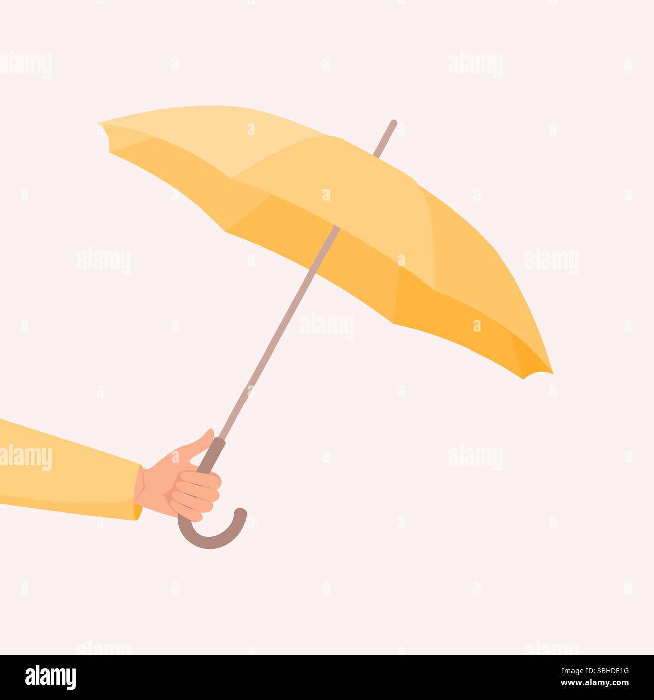 Hand in yellow sleeve holding diagonally yellow open umbrella. Flat ...