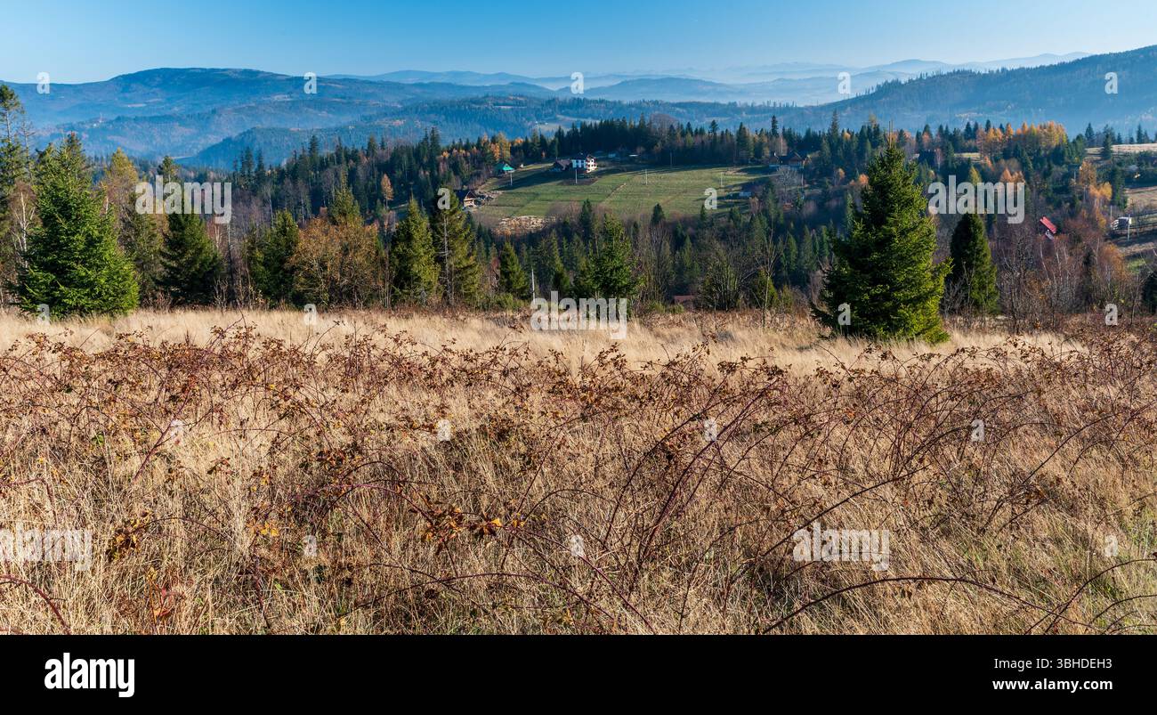 Autumn Beskid Slaski mountains in Poland - view bellow Cieslar hill ...