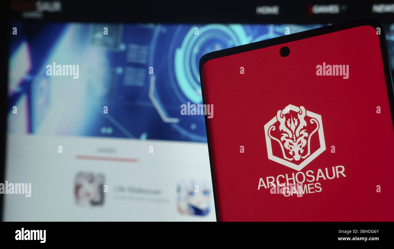Archosaur Games logo in red on a futuristic digital background Stock ...