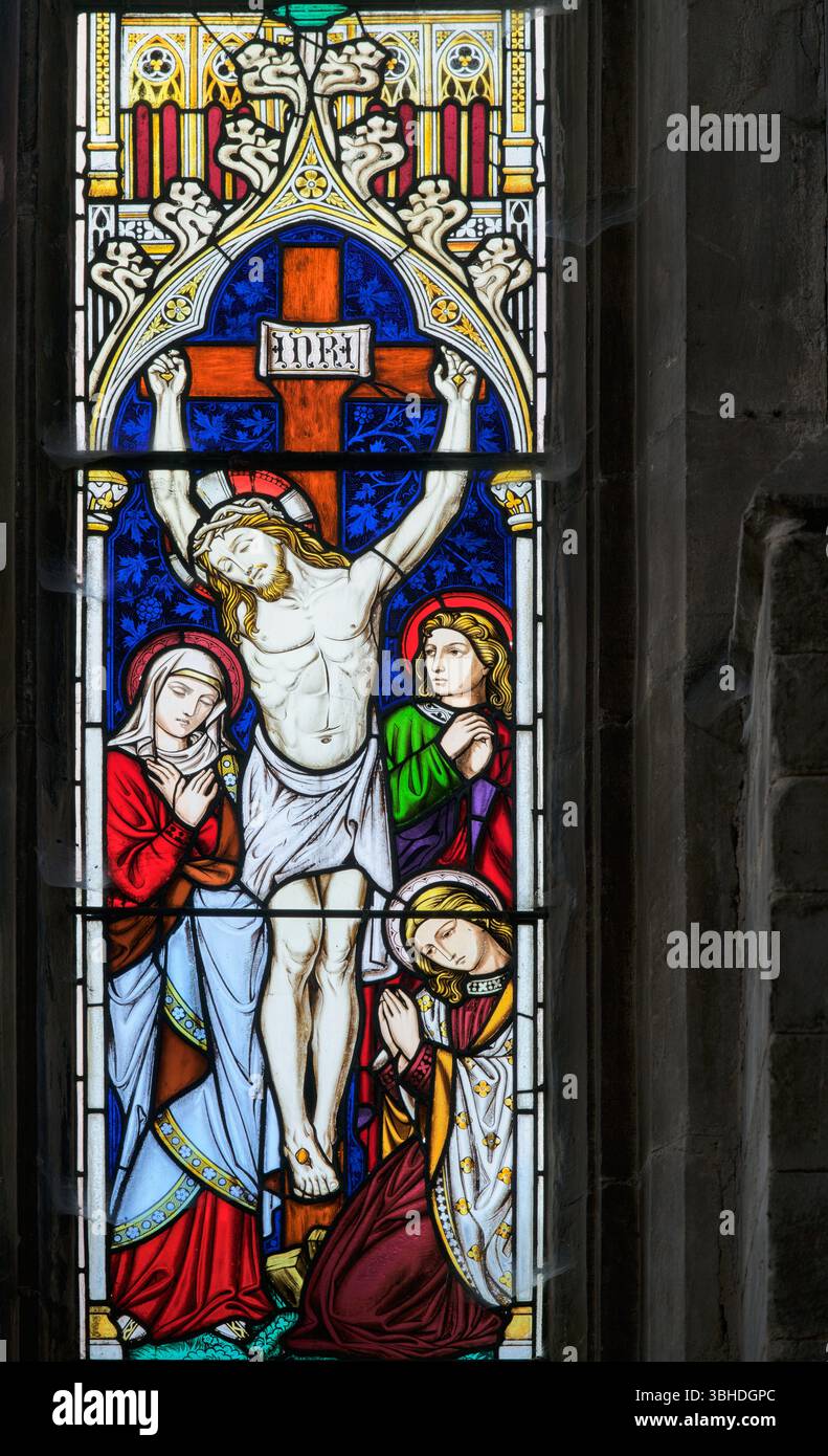 Stained-glass window, of the crucifixion of Jesus Christ, in the ...