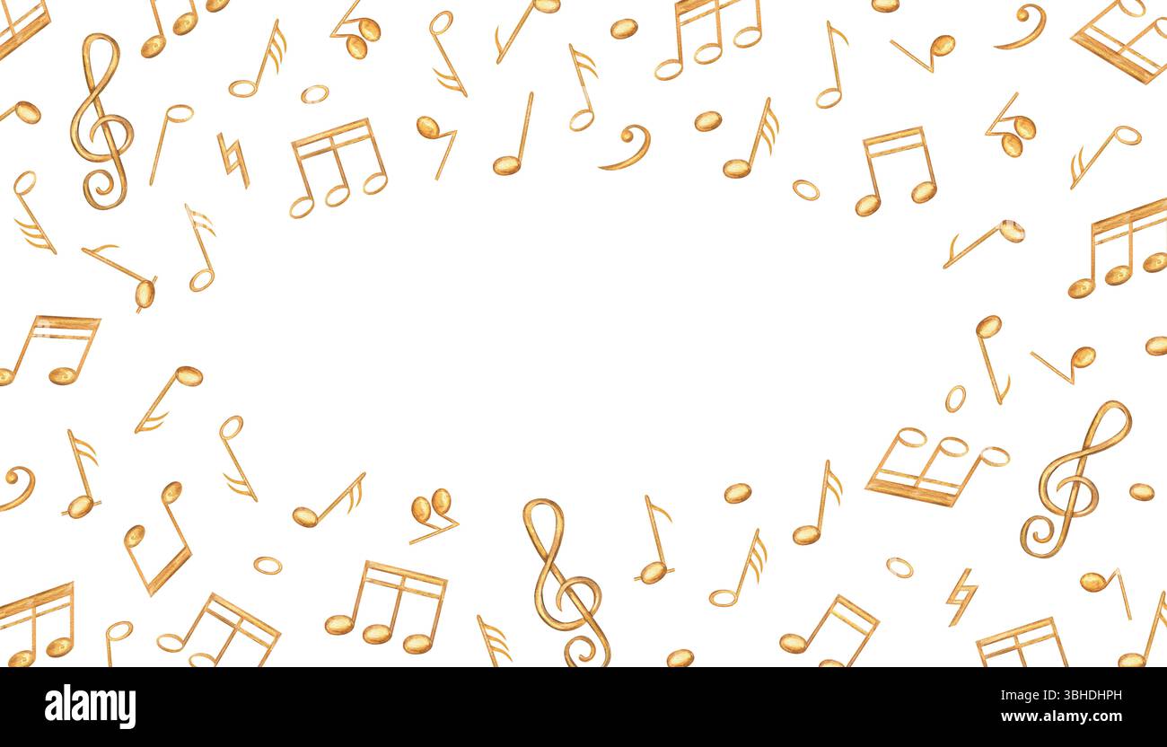 Musical notes horizonal border with empty space for text. Golden sound ...