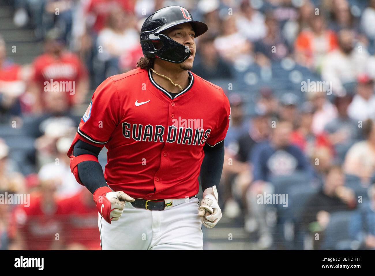Cleveland Guardians' Bo Naylor watches his two-run home run off Houston ...