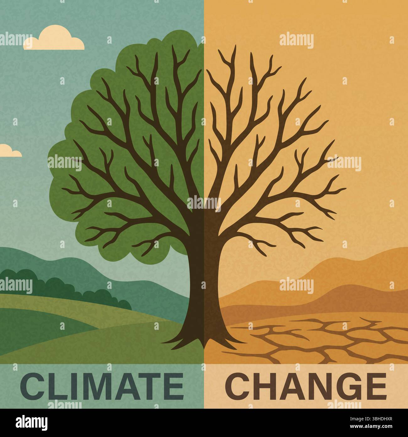 Climate Change Vector Illustration with a Tree Divided into Green and ...