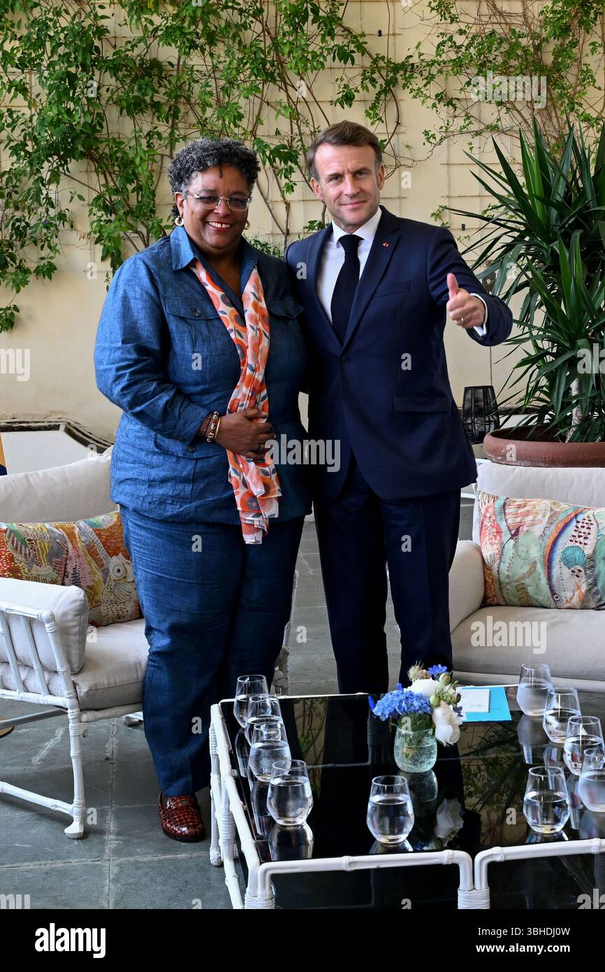 Nice, France. 09th June, 2025. French President Emmanuel Macron and ...