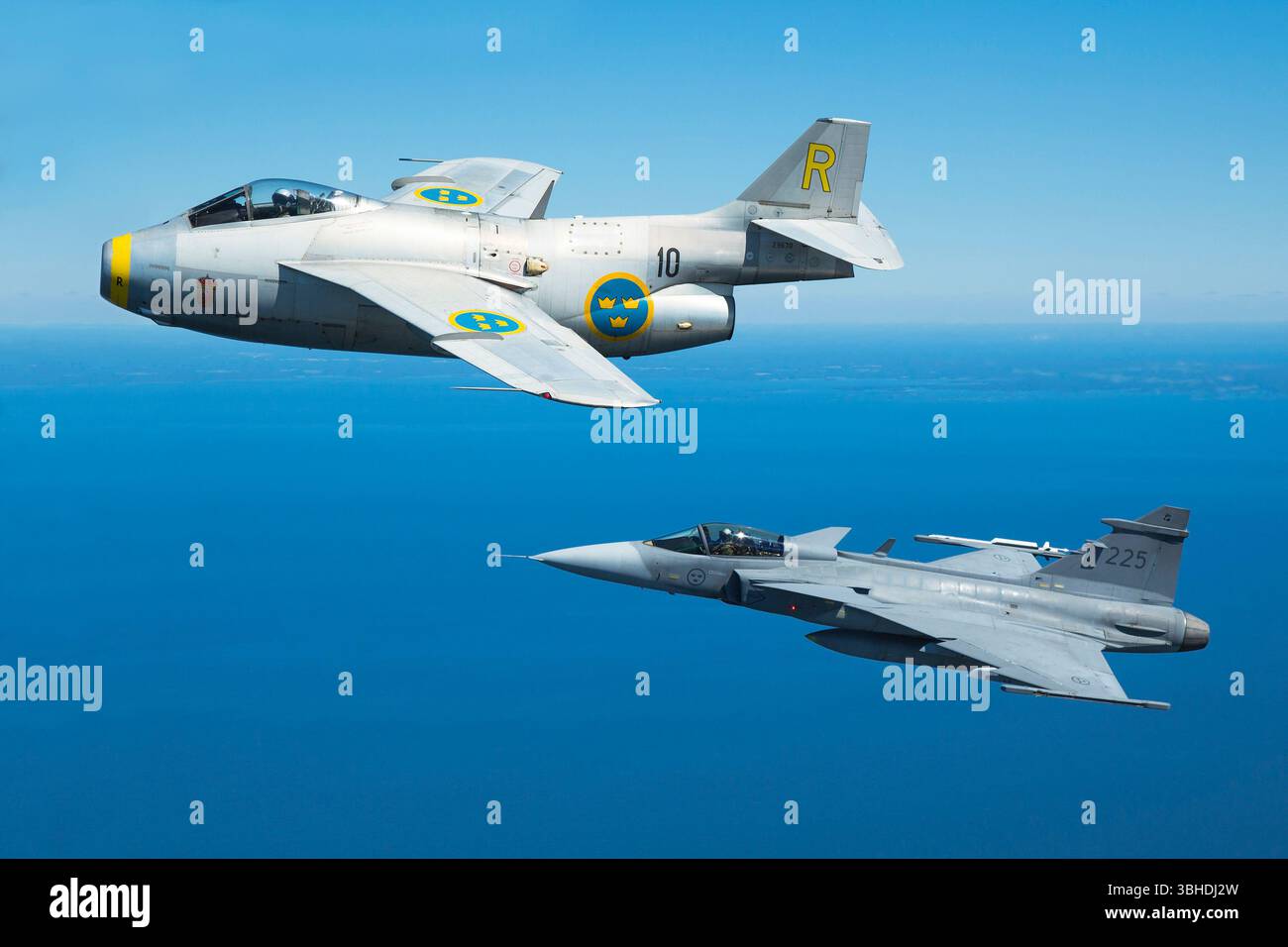 In a coordinated Swedish Air Force formation, the classic Saab J29F ...
