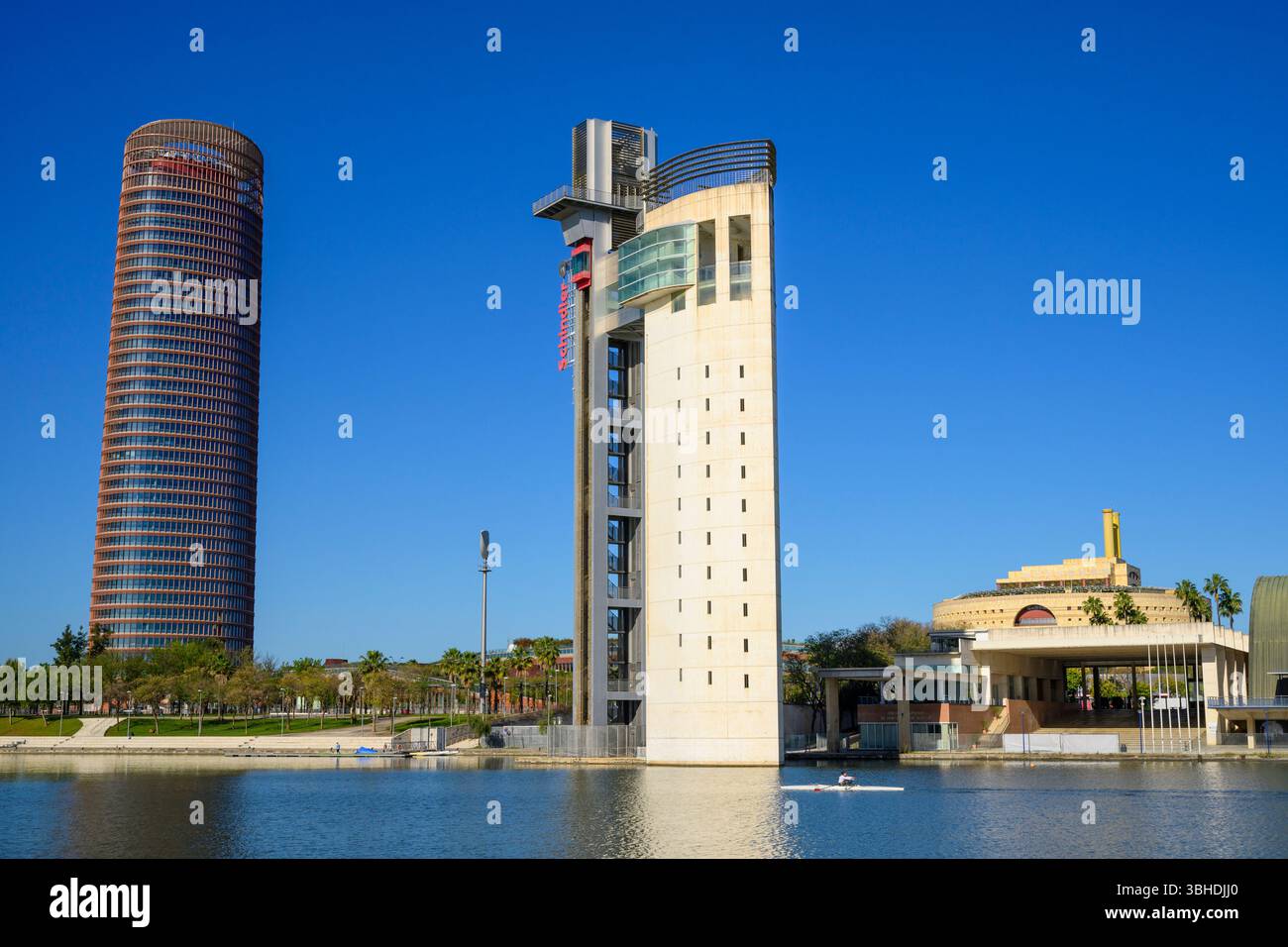 Sevilla Tower (left) and Schindler Tower, Seville, Andalusia, Spain ...