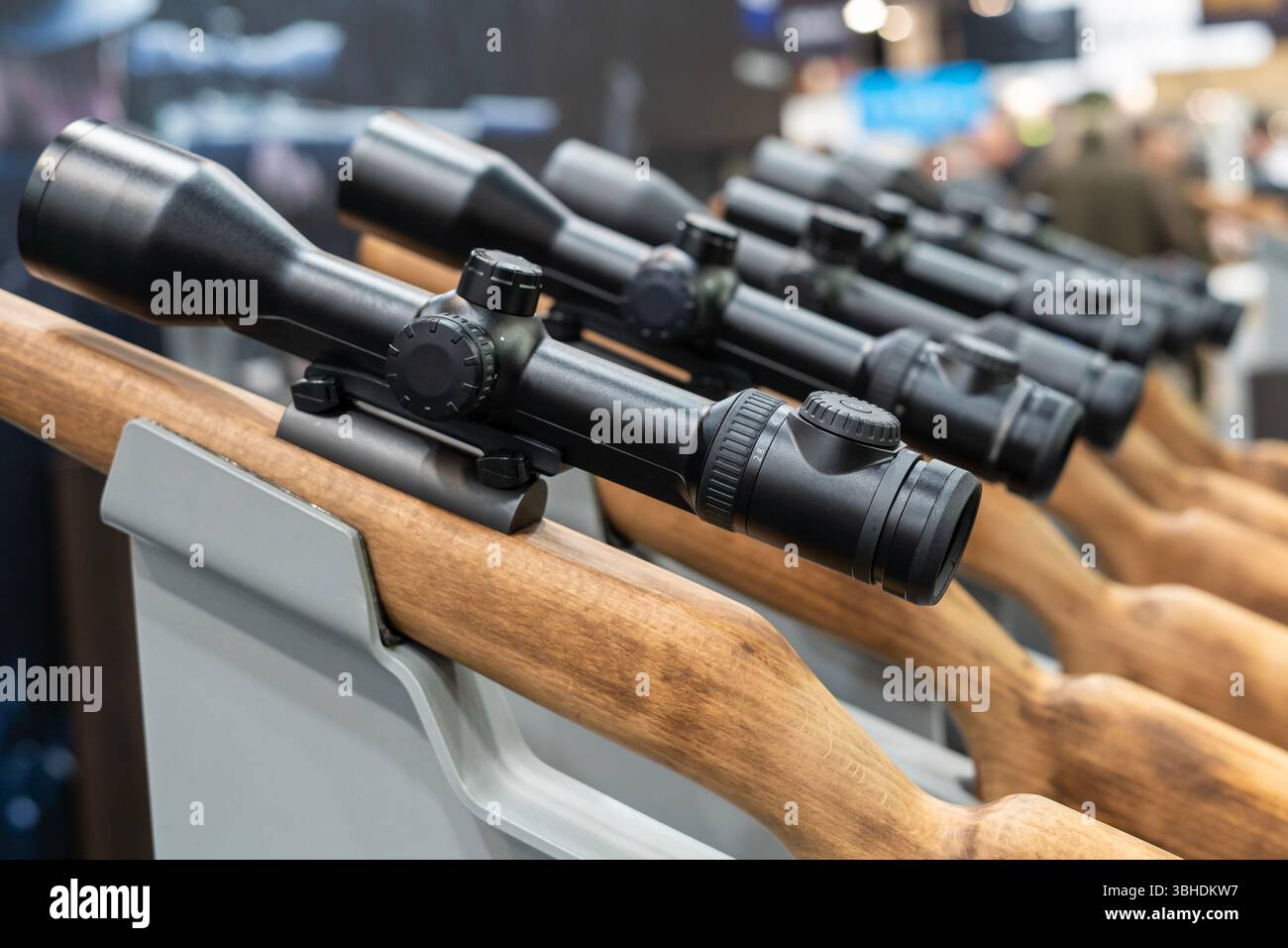 Hunting rifle scopes on display at a show Stock Photo - Alamy