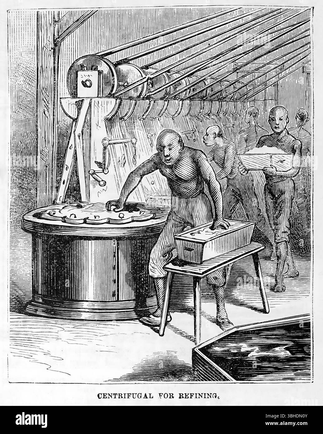 Centrifugal for refining (1878). Depicts Chinese laborers at a sugar ...