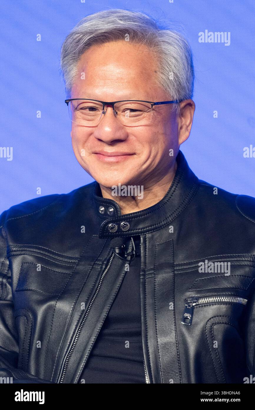 London, UK. 09 June 2025. London, UK Jensen Huang, CEO, Nvidia speaks ...