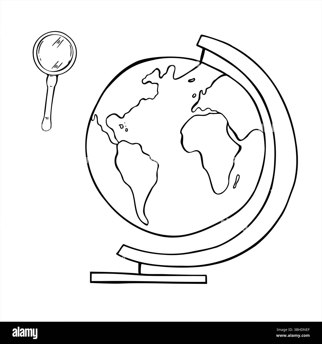 Magnifying glass and globe with continents set monochrome vector line ...