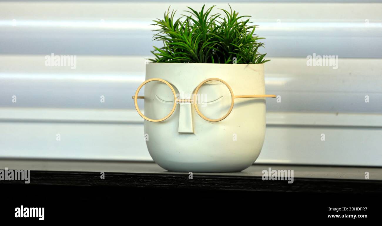 Small amusing plant pots in the shape of a face with spectacles, Greek ...
