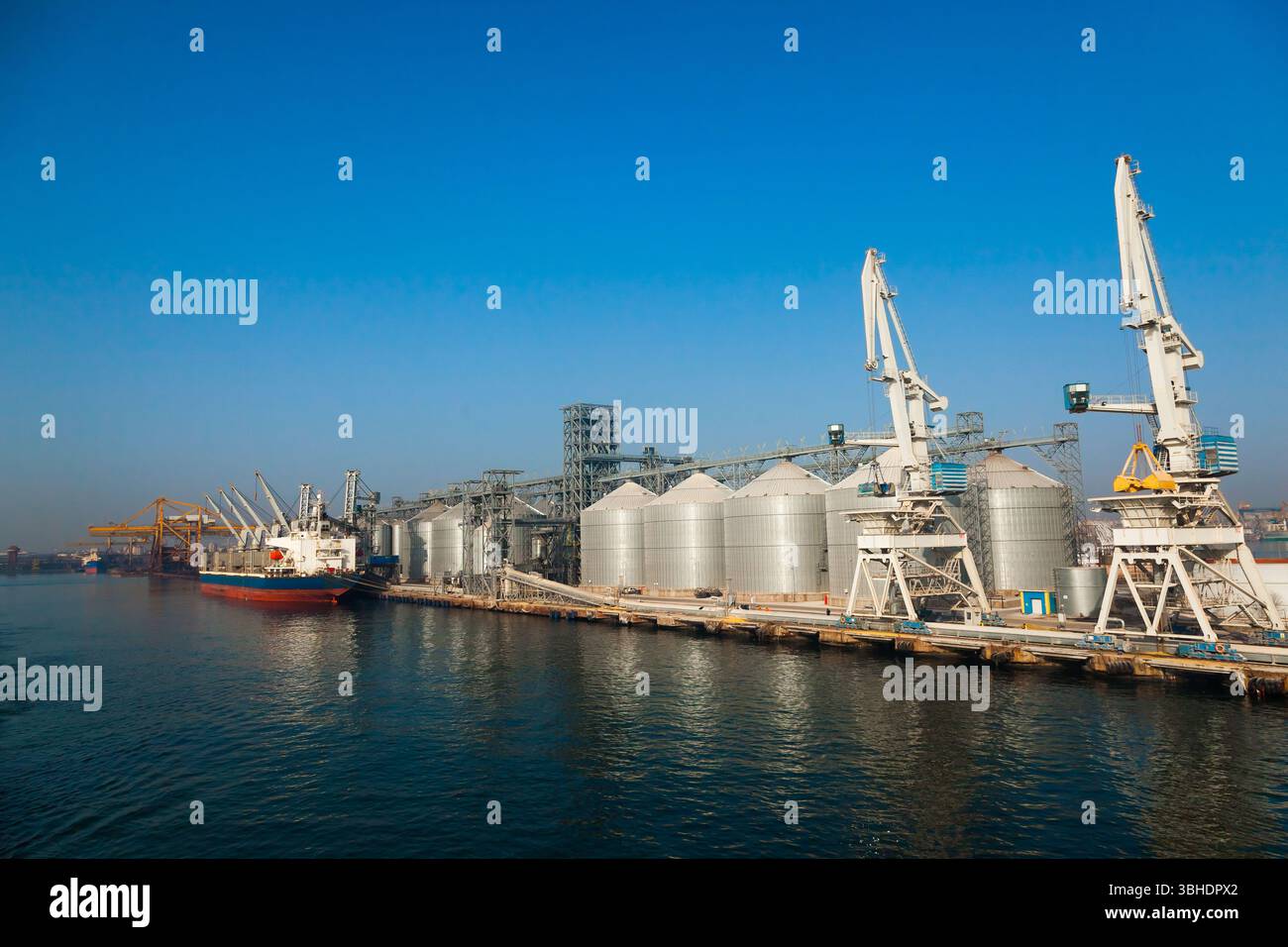 Cargo transport ship is moored at grain storage terminal with storage ...
