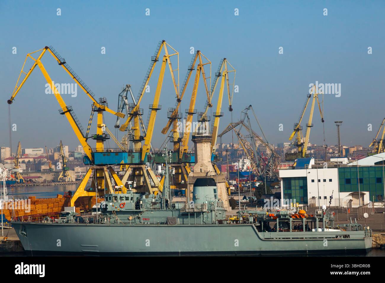 A Romanian Navy ship is moored at the pier in the port of Constanta ...