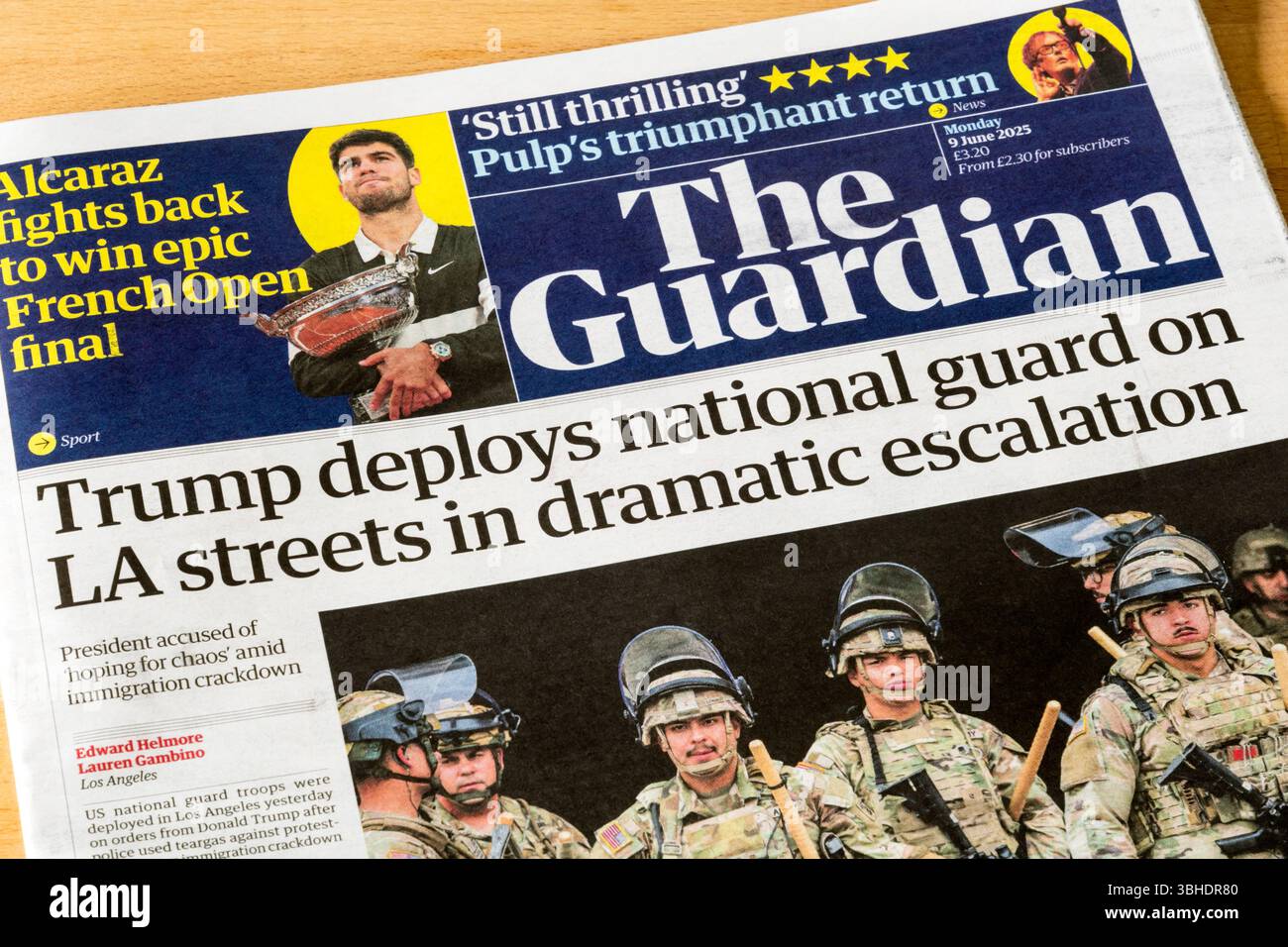 9 June 2025. Front page headline in The Guardian reads Trump deploys ...