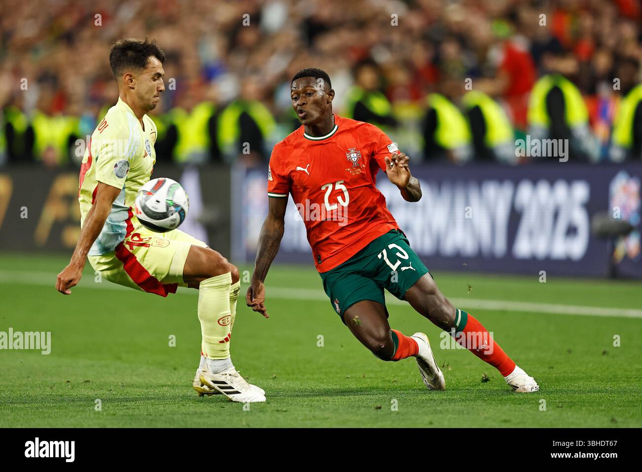 Munich, Germany. 8th June, 2025. (L-R) Martin Zubimendi (ESP), Nuno Mendes (POR) Football/Soccer ...