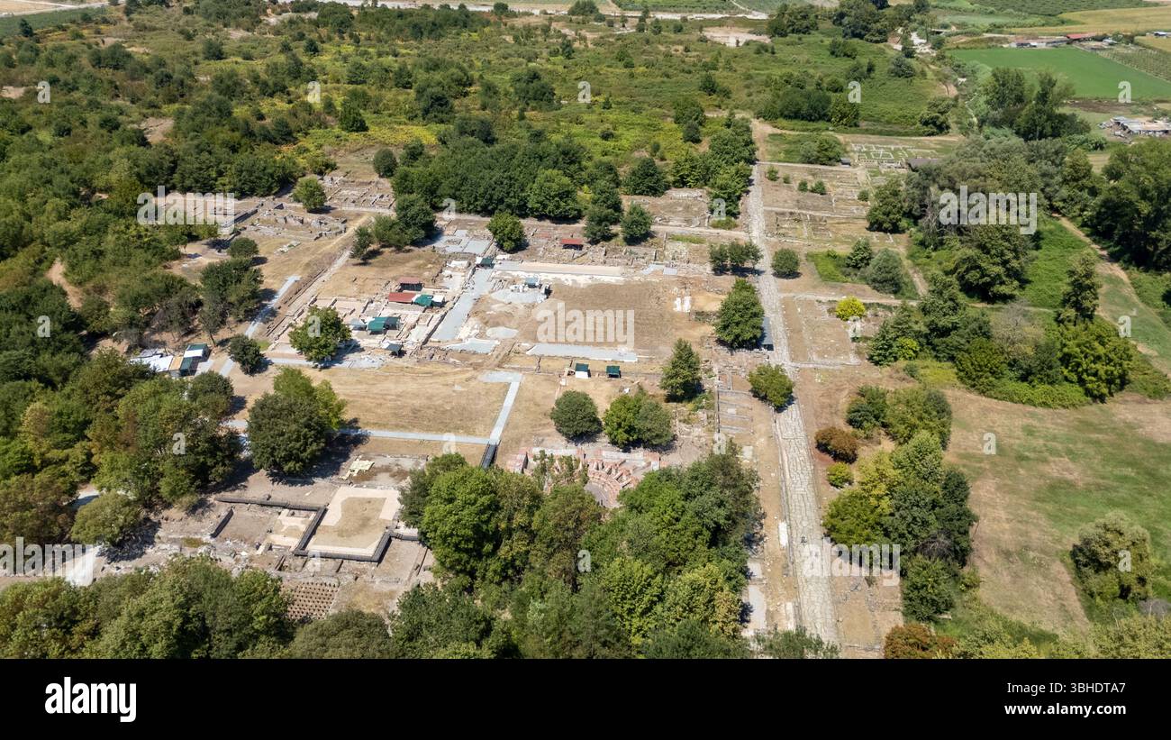 Aerial view of an ancient archaeological site of Dion, Greece ...