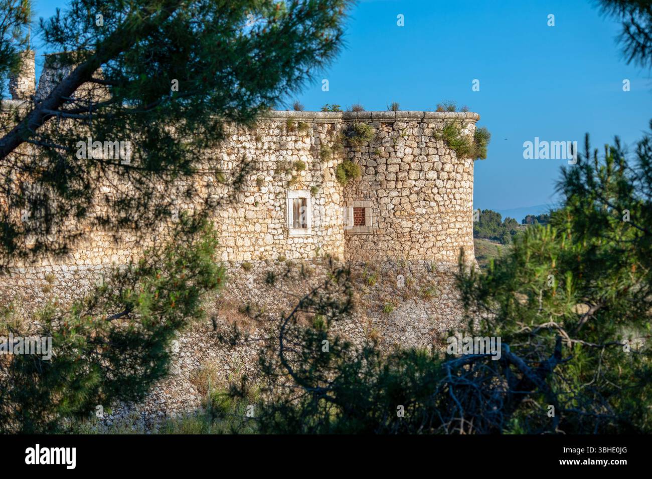 Detail of one of the towers and walls of Chinchon Castle, Madrid, Spain ...
