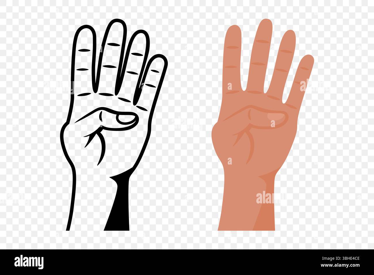 Four Fingers Up Hand Gesture Icon. Vector Hand Gesture Showing Number Four in Flat and Outline ...