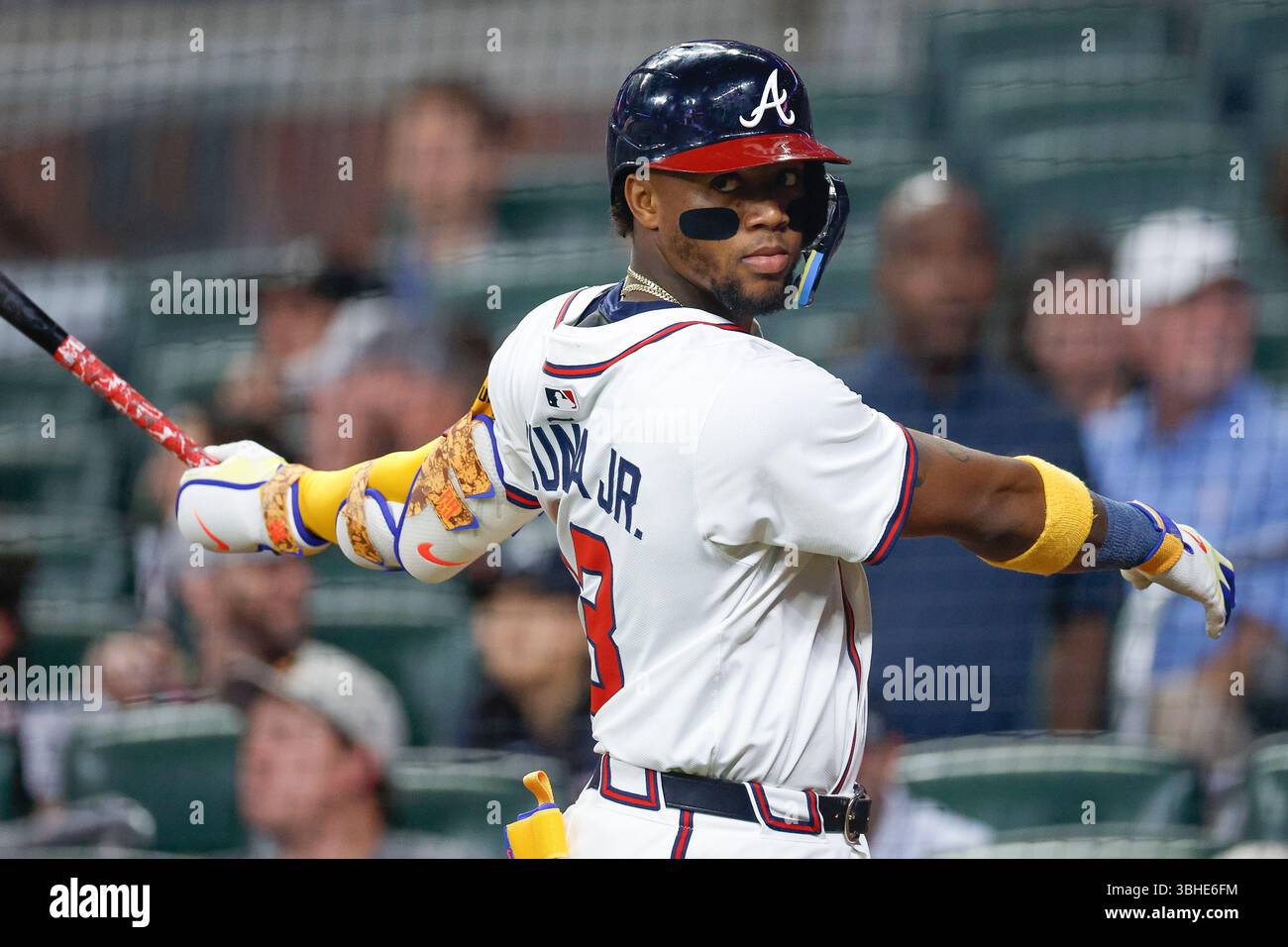 Ronald Acuna Jr. #13 of the Atlanta Braves takes a practice swing on ...