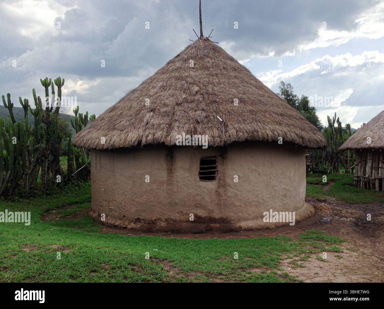 Farm hut with mud walls, a grass roof and small window in rural Kenya ...