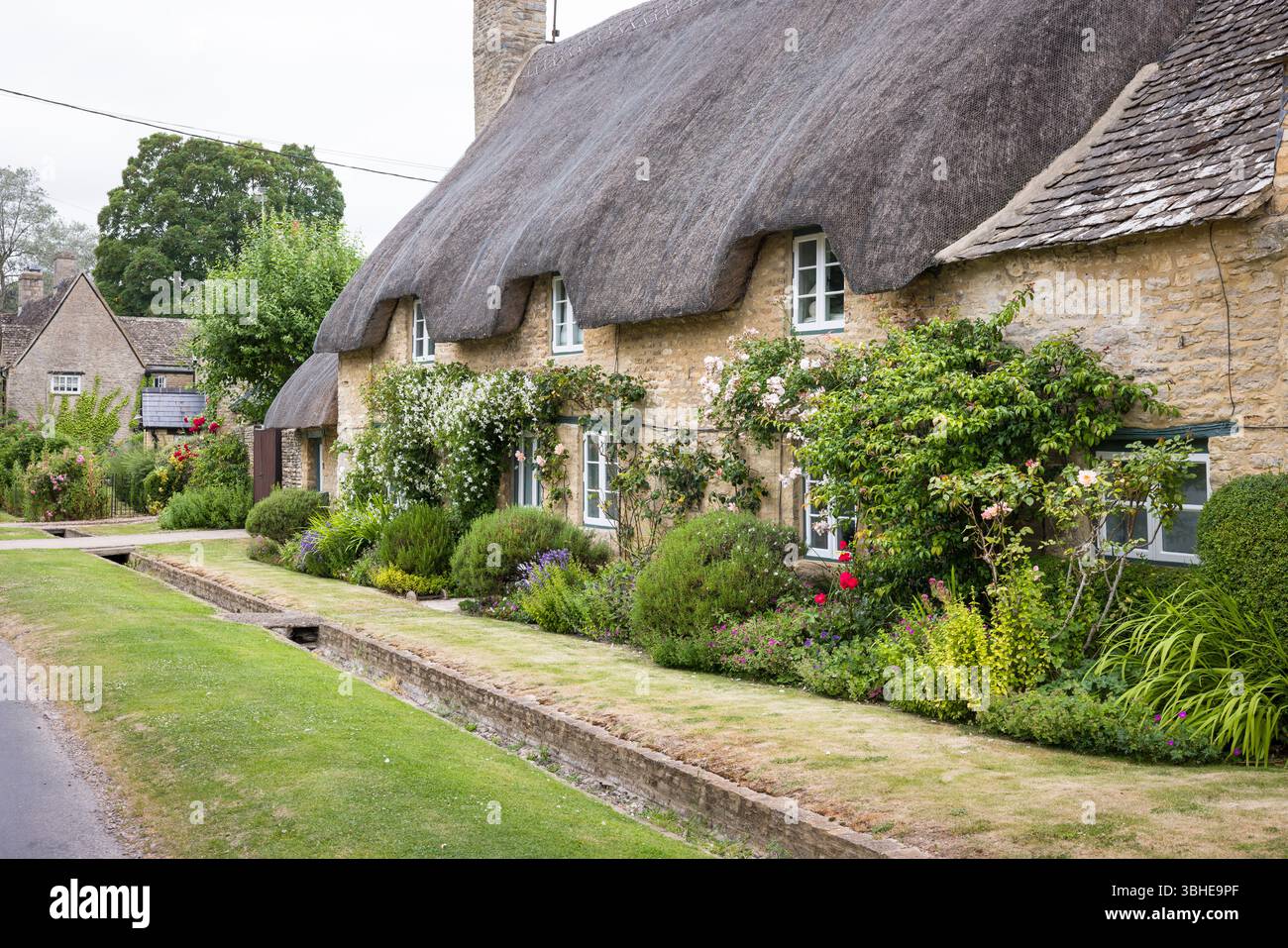 A traditional thatched cottage with stone walls and lush gardens in ...