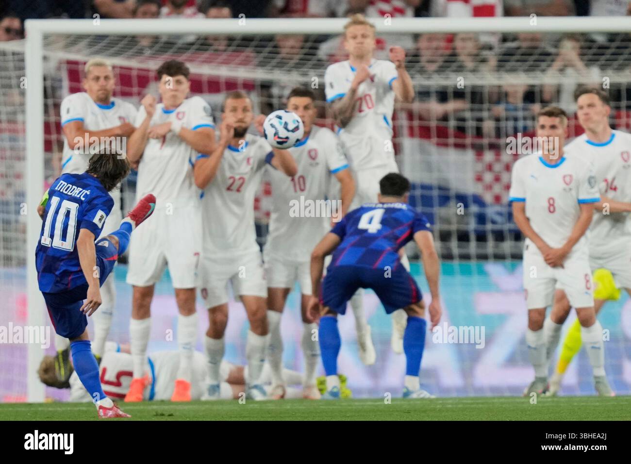 Croatia's Luka Modric, left, takes a free kick during a World Cup 2026 ...