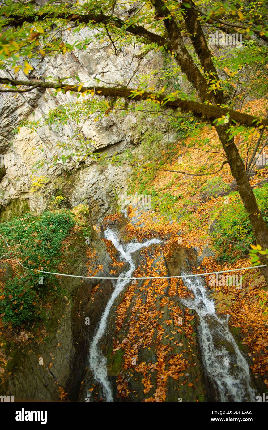 The waterfall consists of 7 cascades of different heights Stock Photo ...