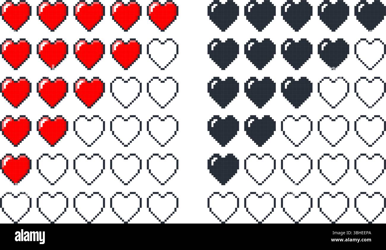 Strip health points in shape of pixel heart. 8 bit retro arcade game ...