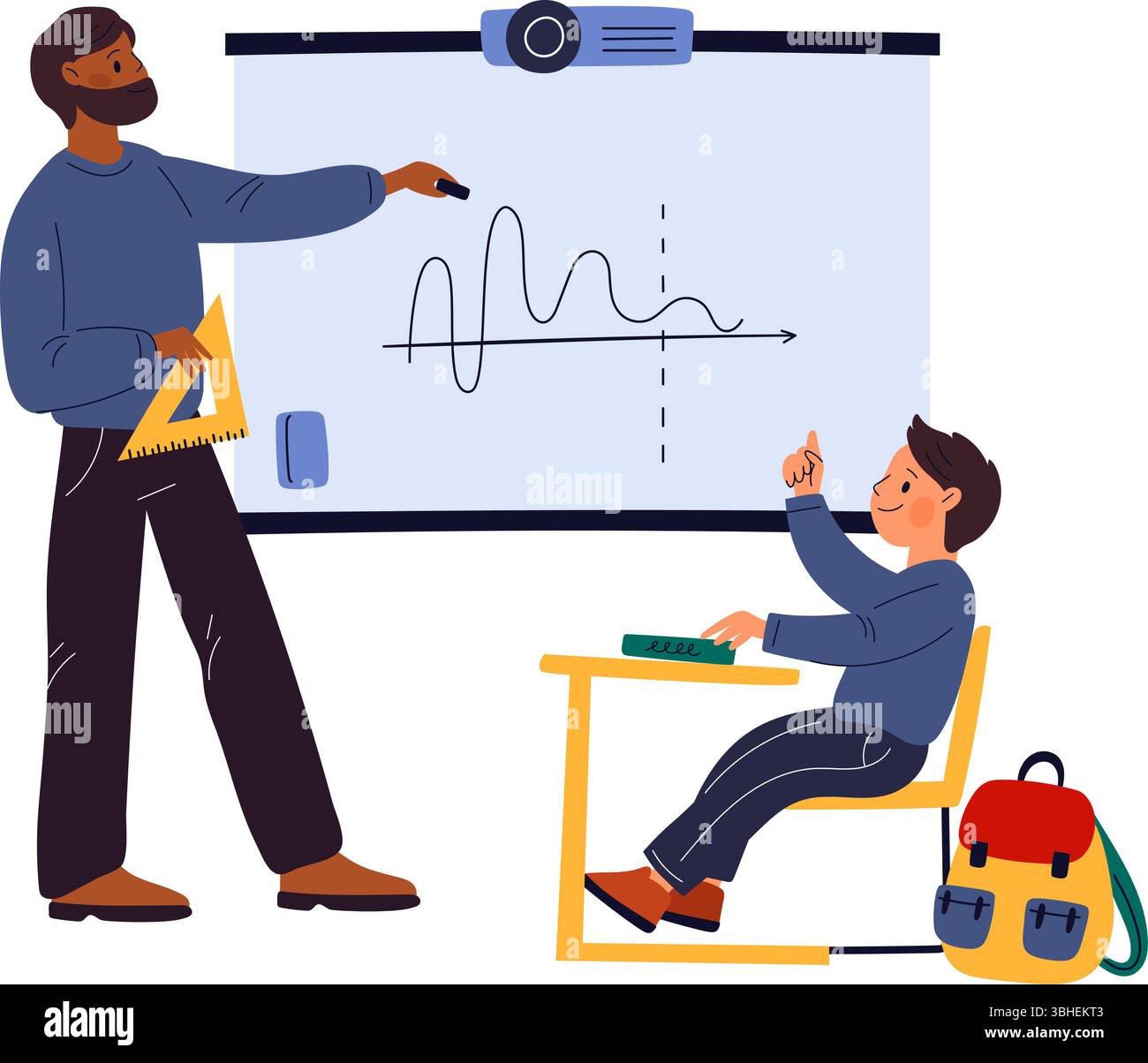 Cartoon school teacher. Math lesson mentor. Lecturer explaining algebra ...