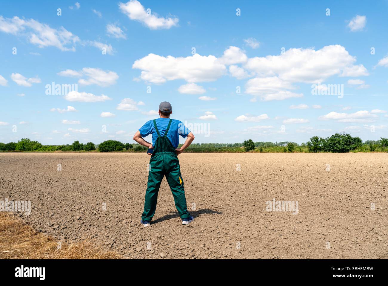 Rear view of confident male farmer standing on leveled agricultural ...