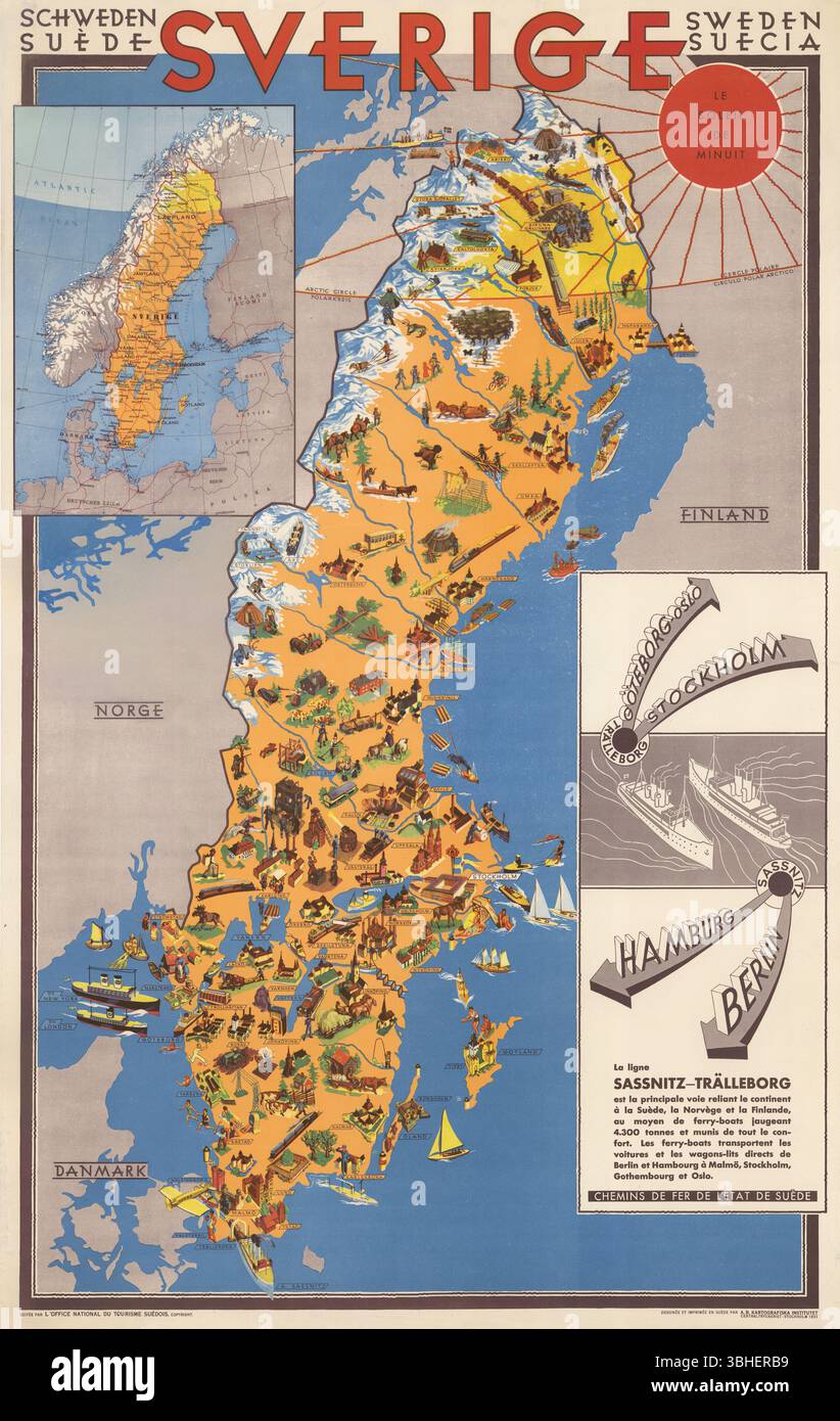 Map of Sweden. Showing the various tourist destinations. Vintage 1930s ...