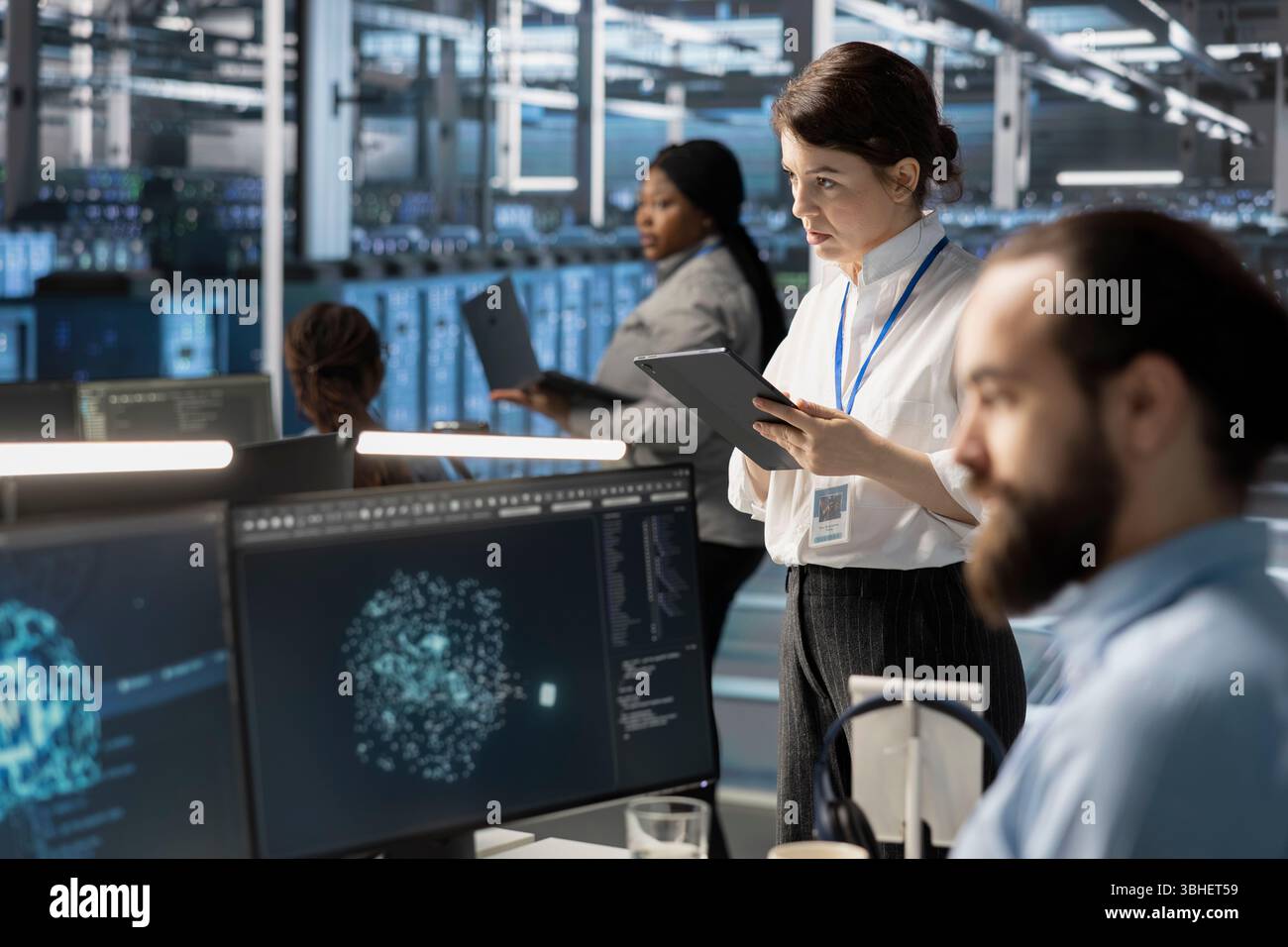 System administrators in data center integrating AI driven automation tools, doing maintenance ...