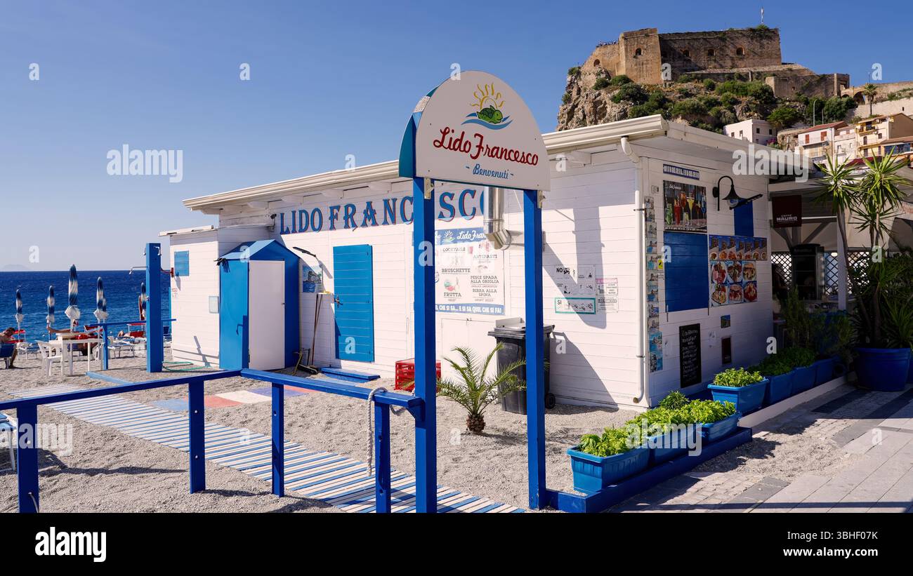 SCILLA, ITALY - JUNE 4, 2025 - White and blue beach restaurant with the ...