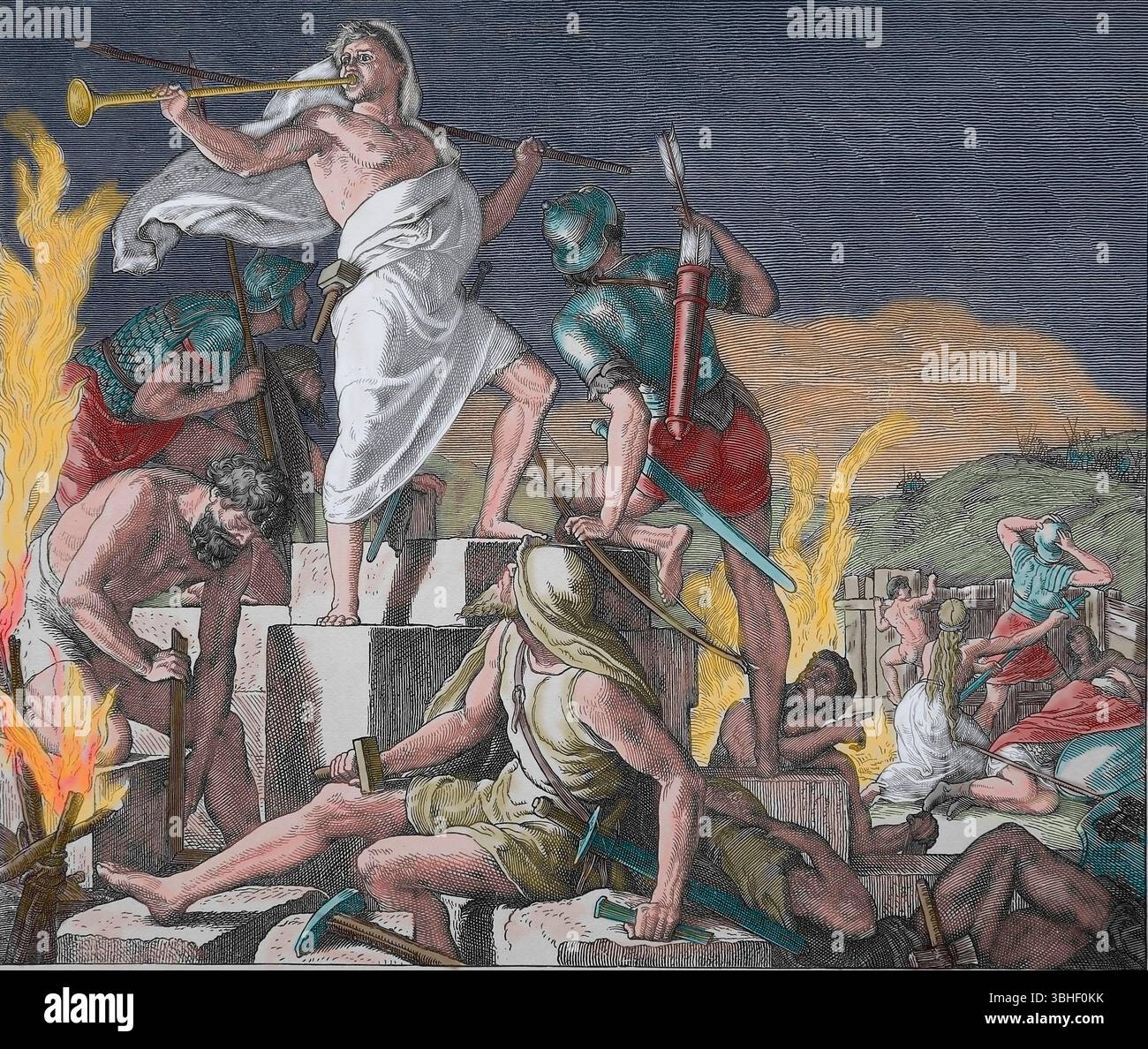 Old Testament. Nehemiah rebuilds the walls of Jerusalem. Scene of ...