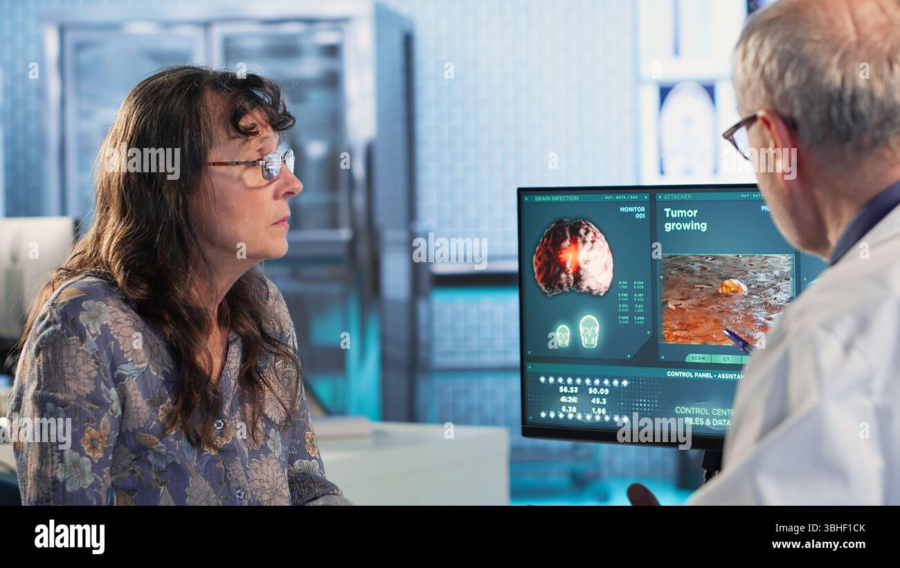 Physician consulting a patient about an MRI scan providing diagnostics insights into tumor ...