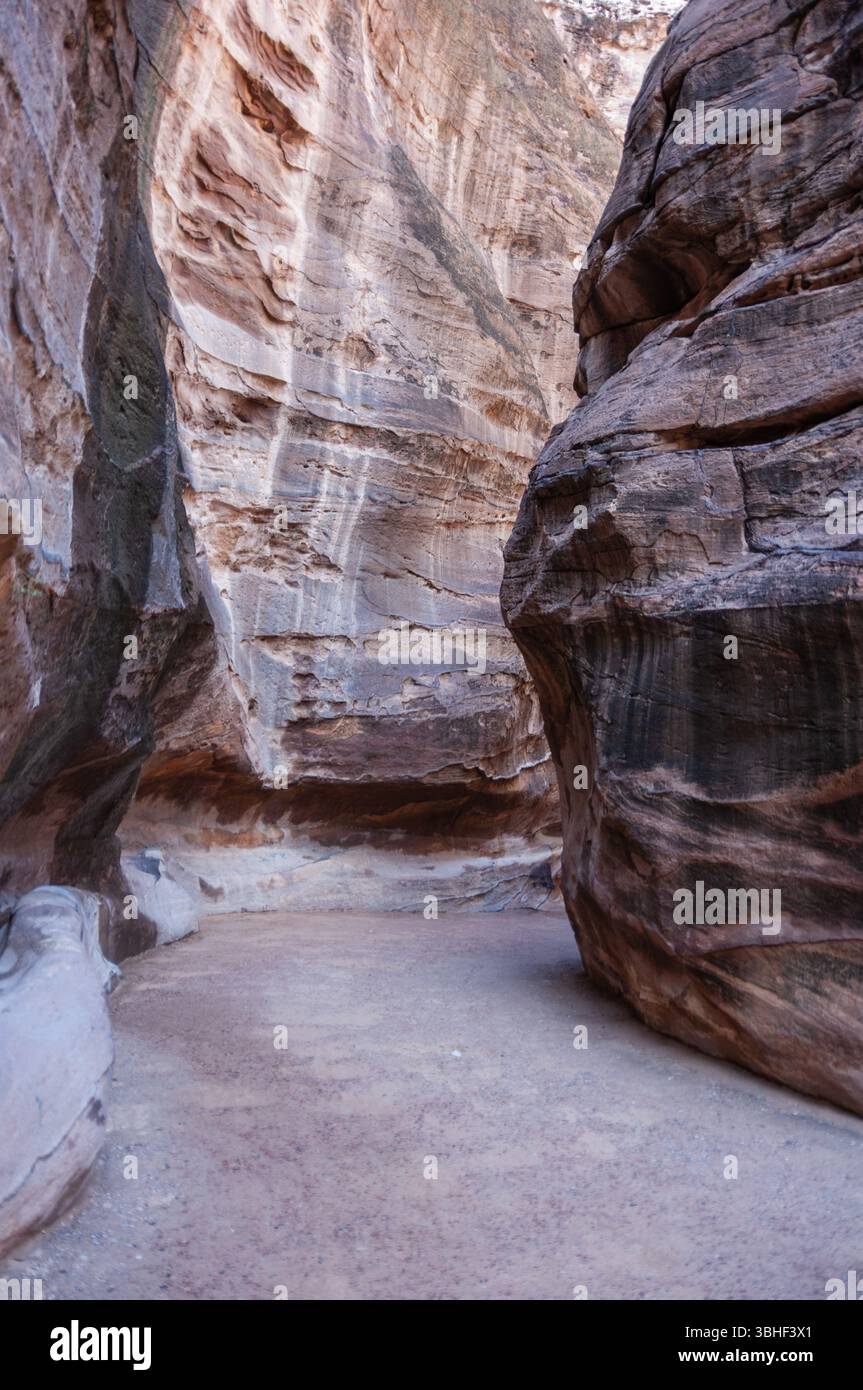 A narrow canyon with a large rock wall on either side. The canyon is ...