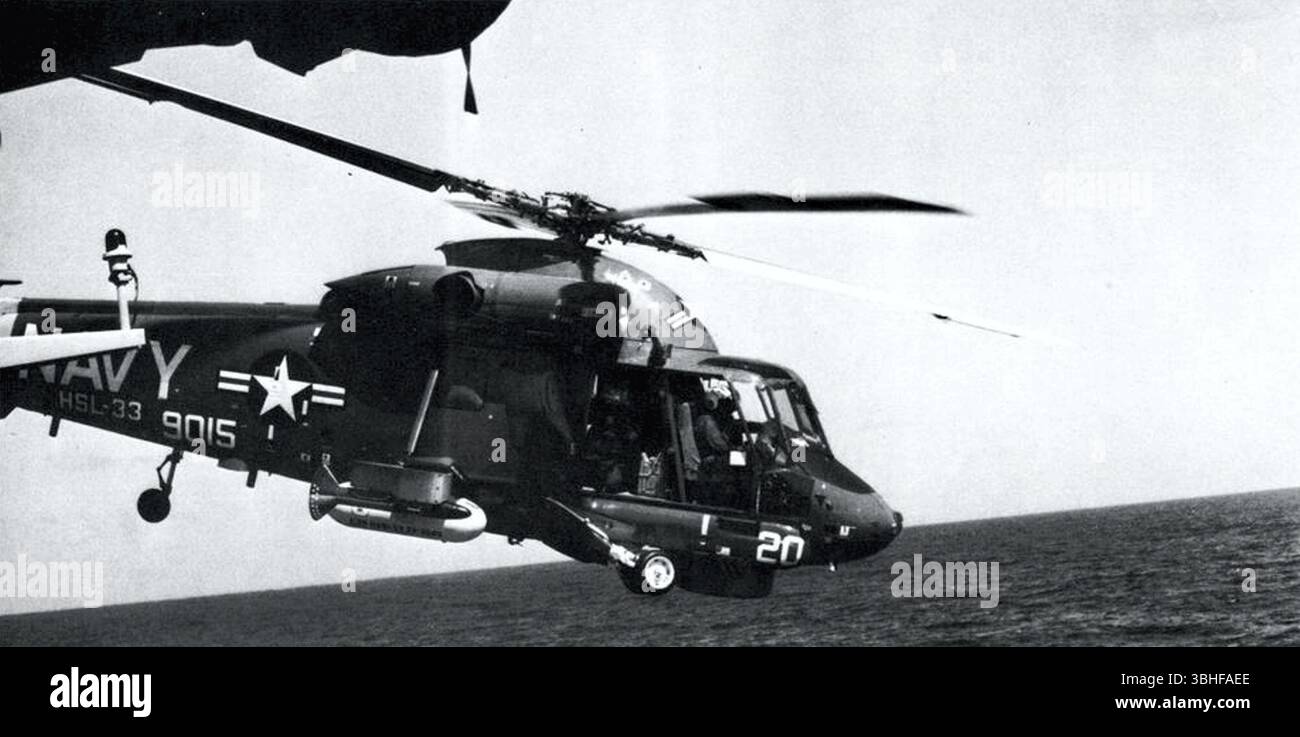 Kaman SH-2F Seasprite of HSL-33 takes off from USS Bagley (FF-1069 ...