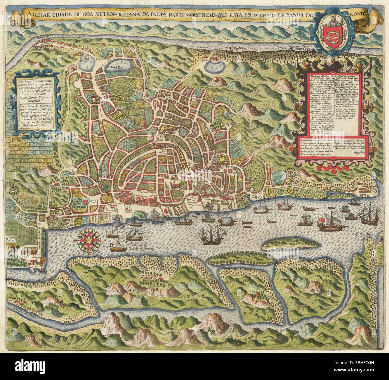 Illustrated Map of birds-eye view of the city and harbor of Goa. based ...