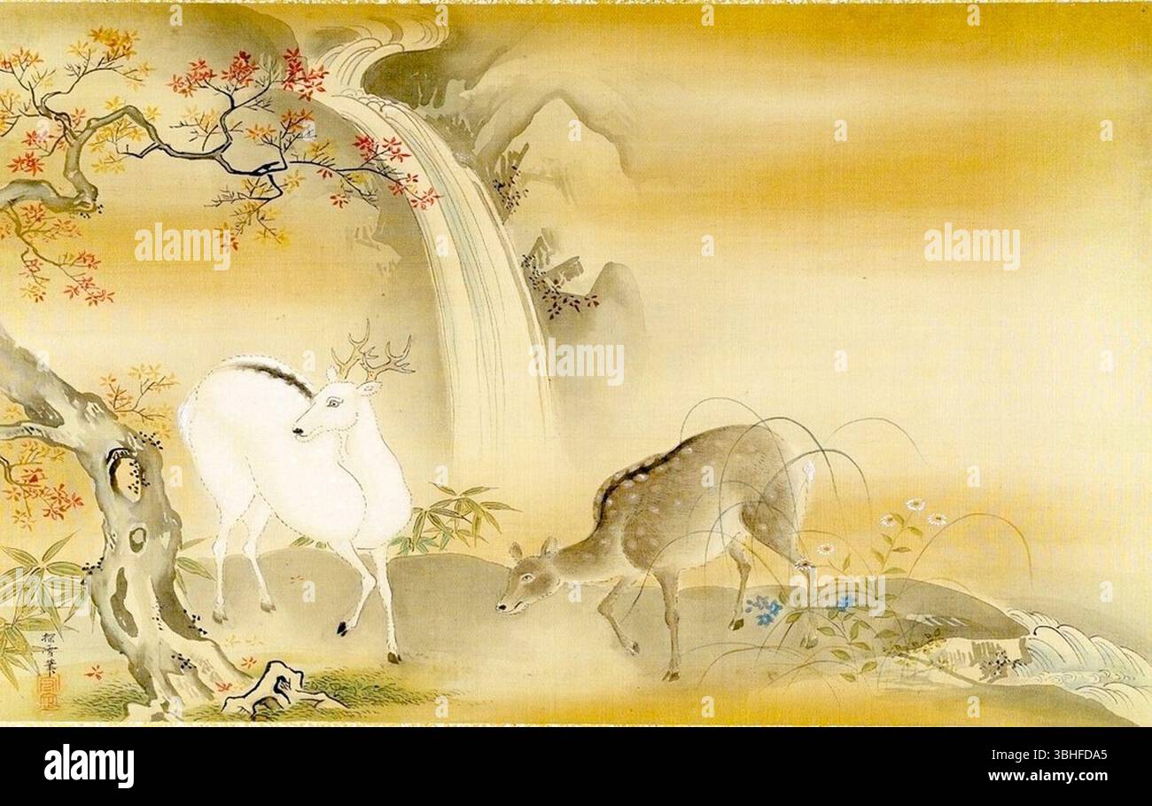 Kano Tansetsu - Black-and-White Deer Under Maple Tree by a Waterfall ...
