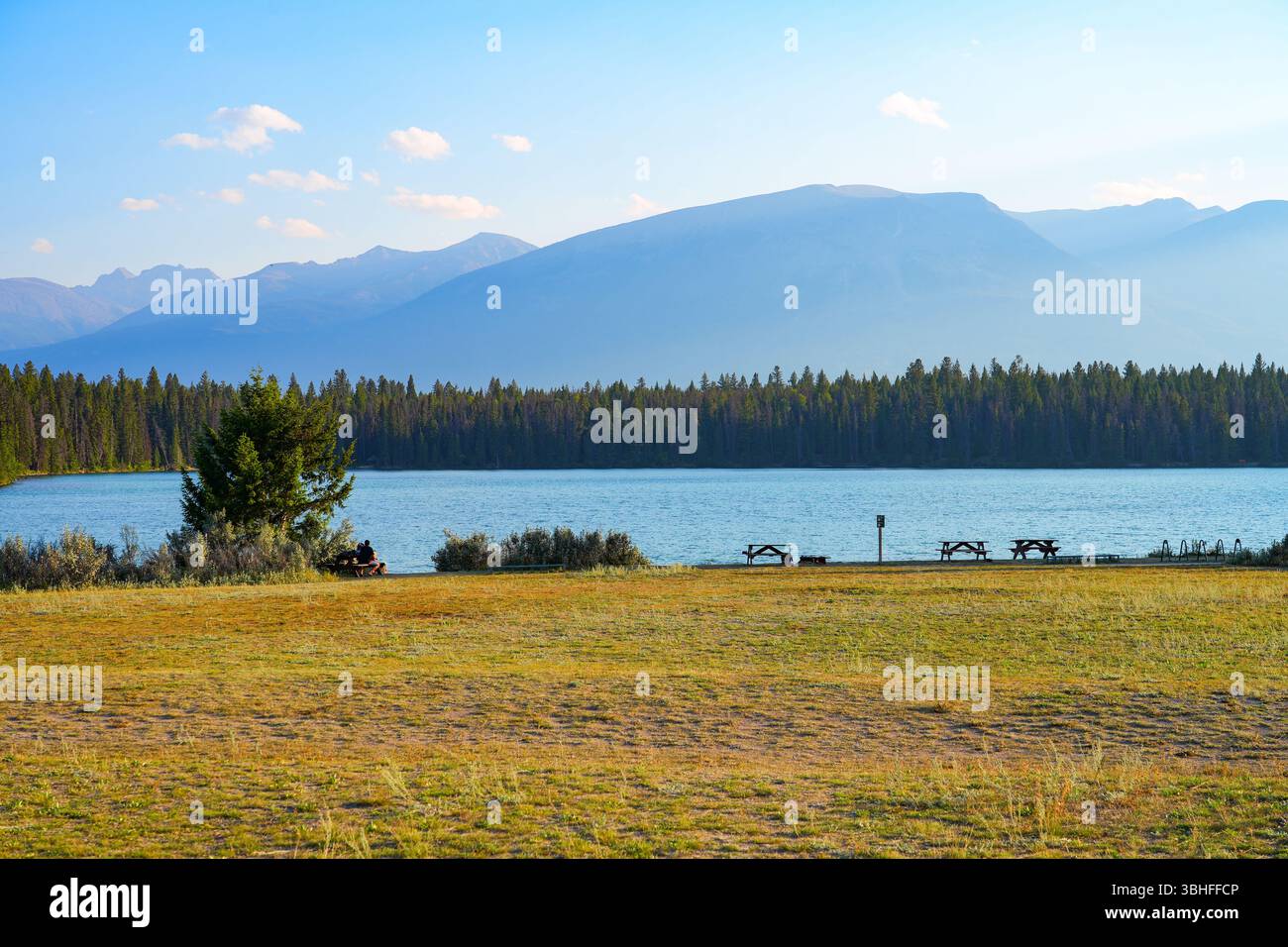 Lake Annette Beach overlooked by Whistlers Peak in the Jasper National ...