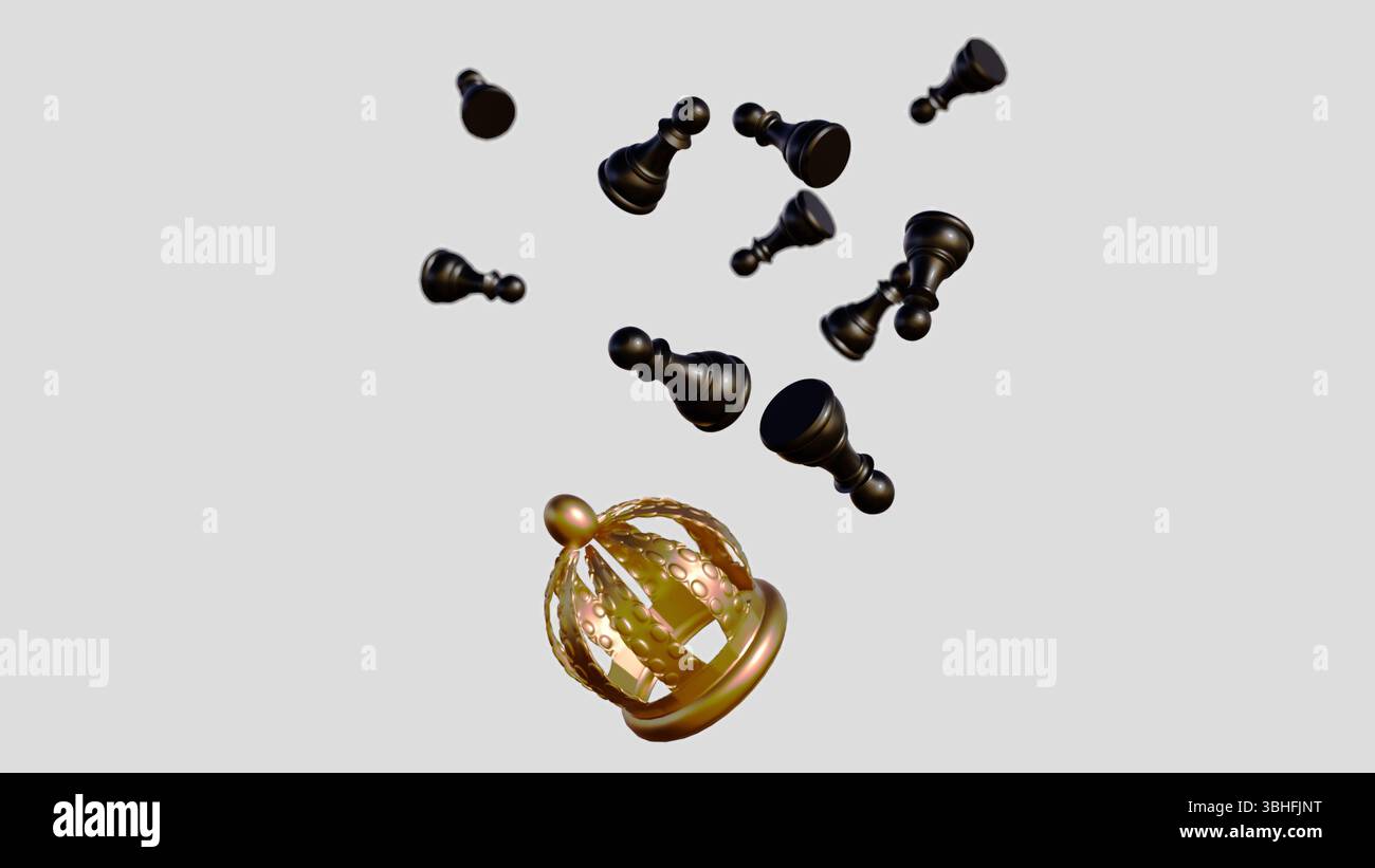 A 3d rendering of black chess pawn and an intricately detailed gold ...