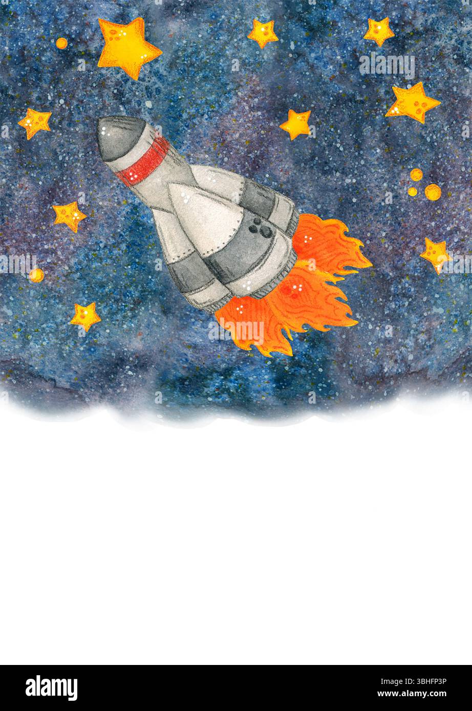 Space card with flying rocket in space among stars, hand drawn ...